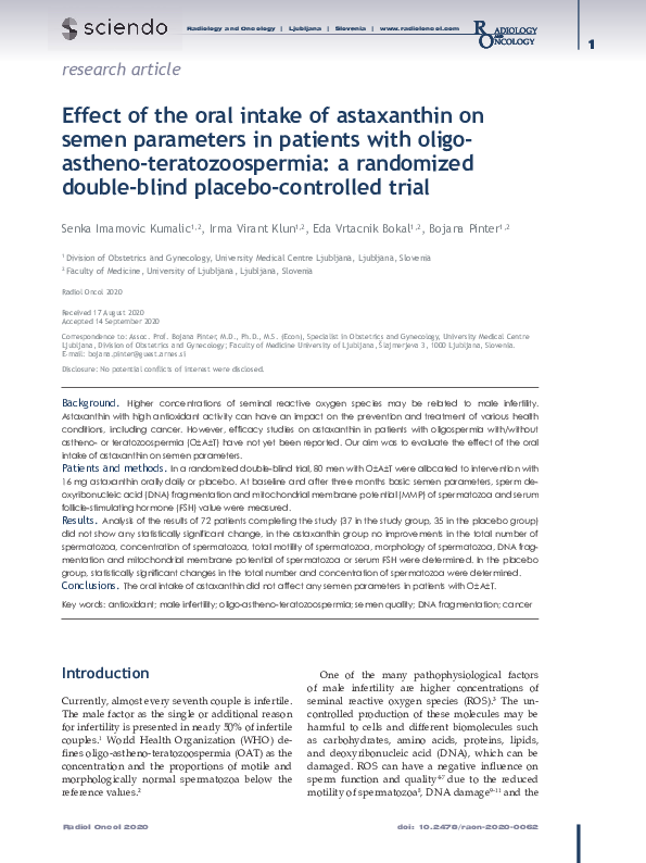 (PDF) Effect of the oral intake of astaxanthin on semen parameters in ...