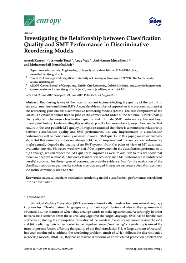 Pdf Investigating The Relationship Between Classification Quality And Smt Performance In