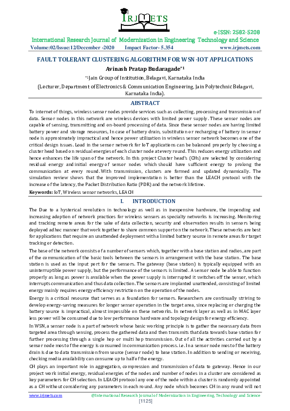 Pdf Fault Tolerant Clustering Algorithm For Wsn Iot Applications