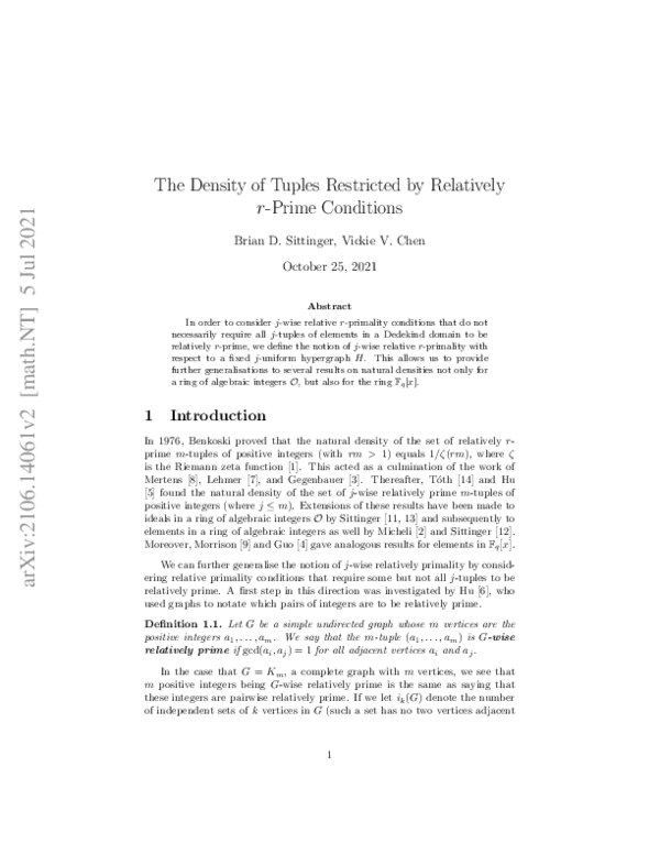 (PDF) The Density of Tuples Restricted by Relatively r-Prime Conditions | Brian Sittinger ...