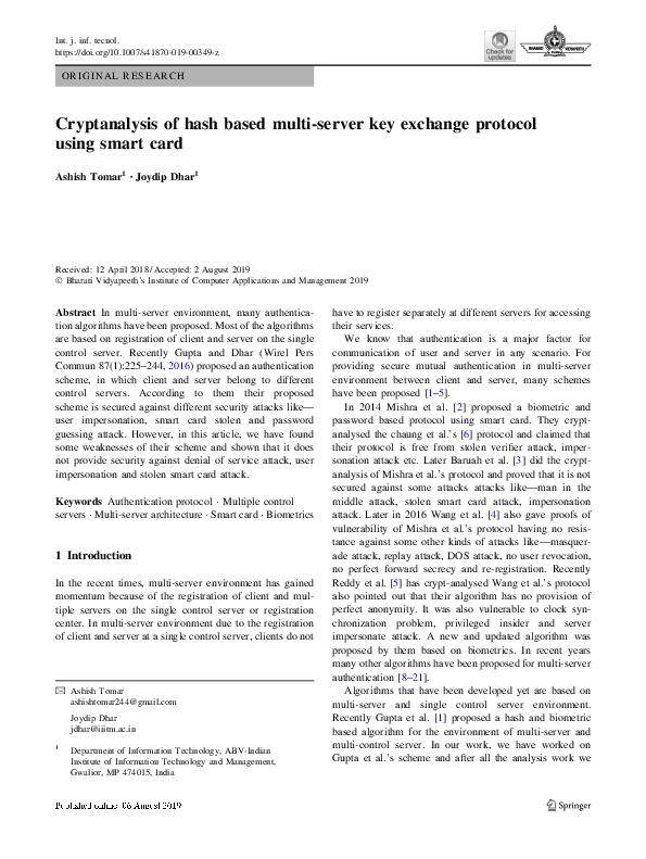 (PDF) Cryptanalysis of hash based multi-server key exchange protocol ...