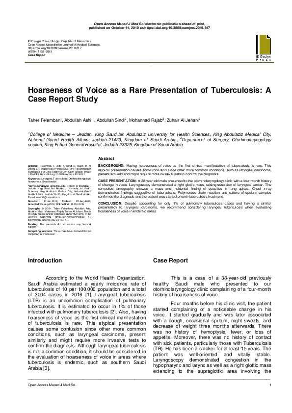(PDF) Hoarseness of Voice as a Rare Presentation of Tuberculosis: A Case Report Study
