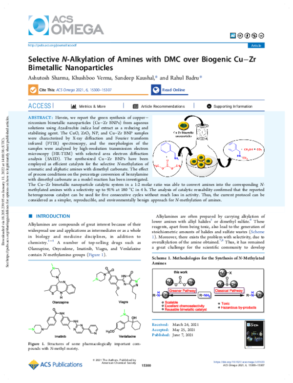 (PDF) Selective NAlkylation of Amines with DMC over Biogenic CuZr Bimetallic Nanoparticles