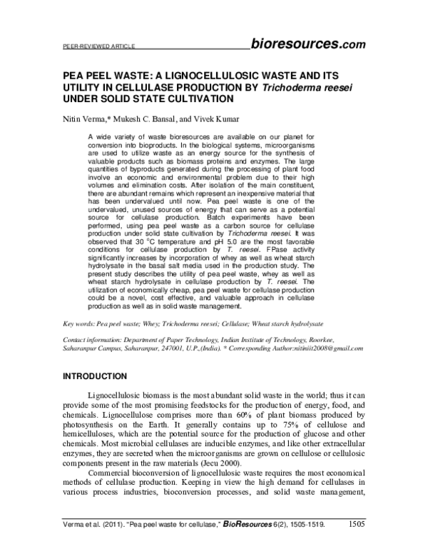 (PDF) Pea peel waste: A lignocellulosic waste and its utility in ...