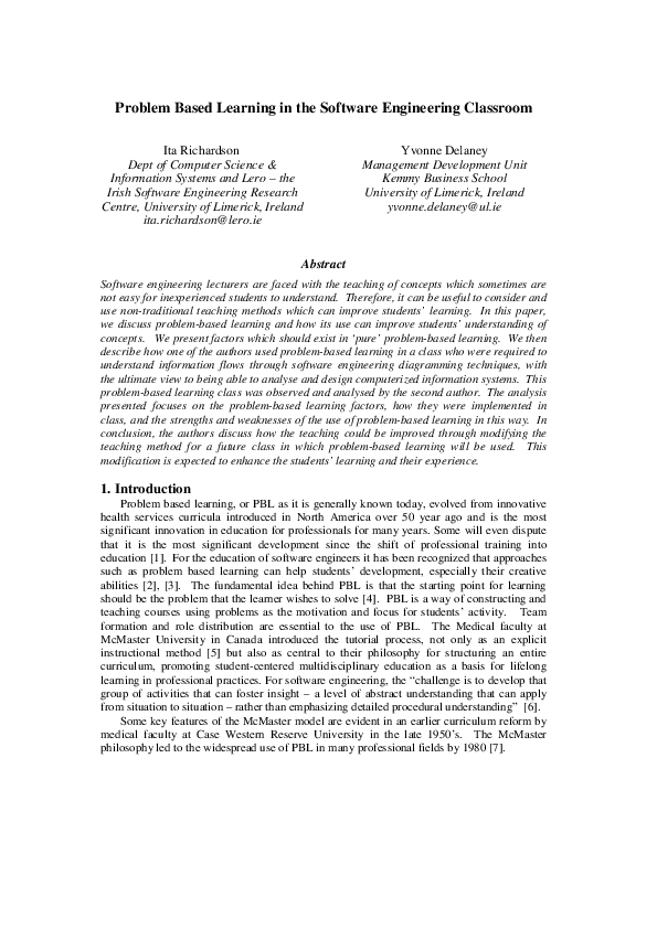 (PDF) Problem Based Learning in the Software Engineering Classroom