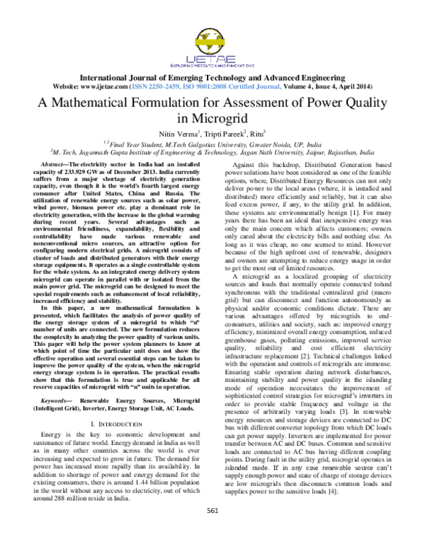 (PDF) A Mathematical Formulation for Assessment of Power Quality in ...