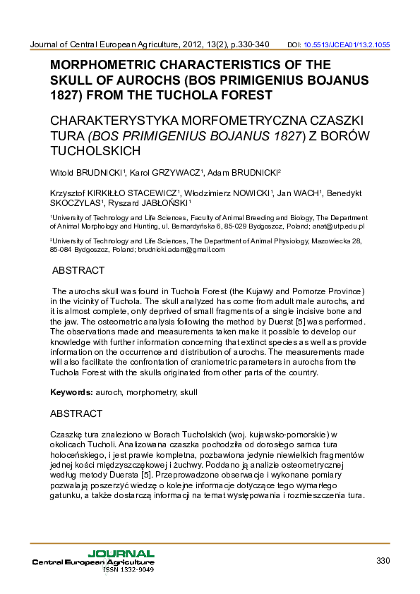 (PDF) Charakterystyka Morfometryczna Czaszki Tura (Bos Primigenius ...