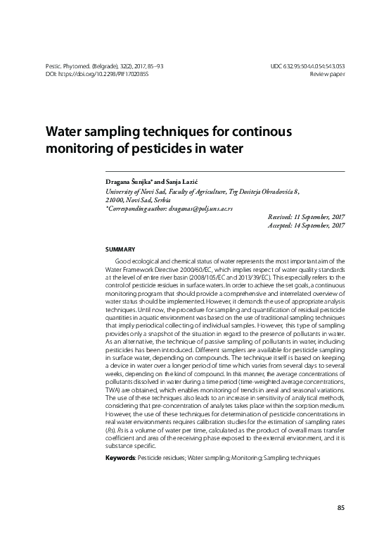 (PDF) Water sampling techniques for continous monitoring of pesticides ...