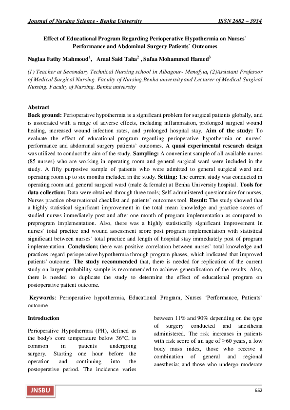 (PDF) Effect of Educational Program Regarding Perioperative Hypothermia on Nurses` Performance ...