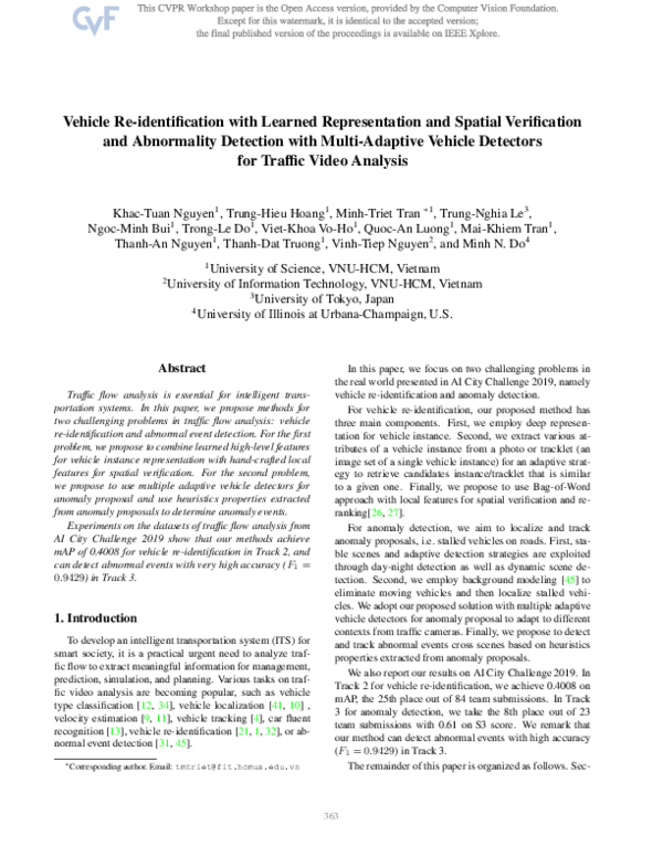 (PDF) Vehicle Re-Identification and Anomaly Detection in Traffic