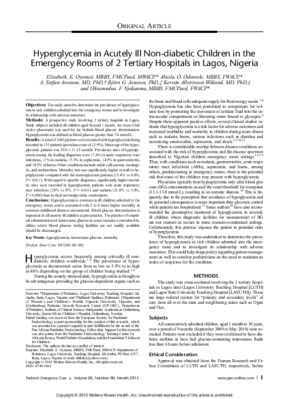 (PDF) Hyperglycemia in Acutely Ill Non-diabetic Children in the ...