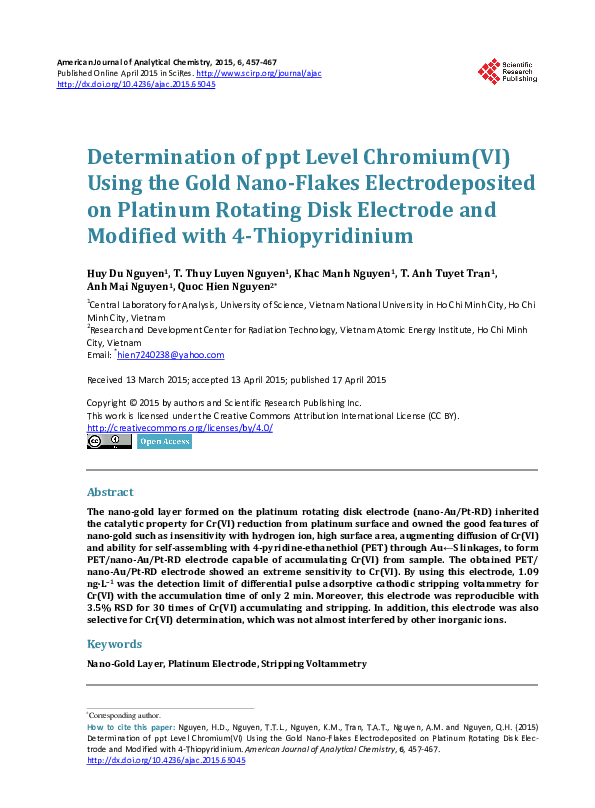 Pdf Determination Of Ppt Level Chromium Vi Using The Gold Nano