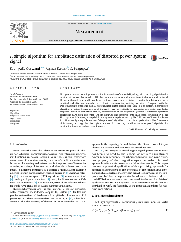 Pdf A Simple Algorithm For Amplitude Estimation Of Distorted Power System Signal