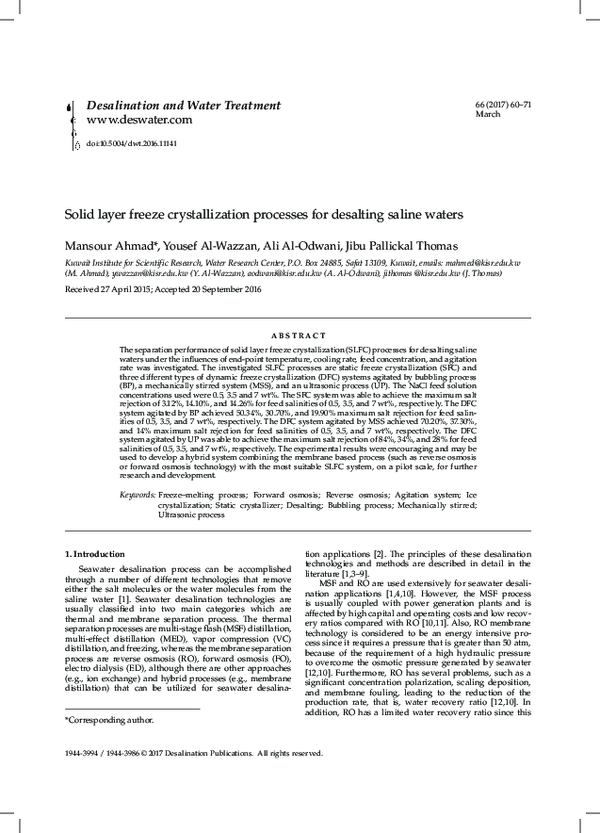 (PDF) Solid layer freeze crystallization processes for desalting saline ...