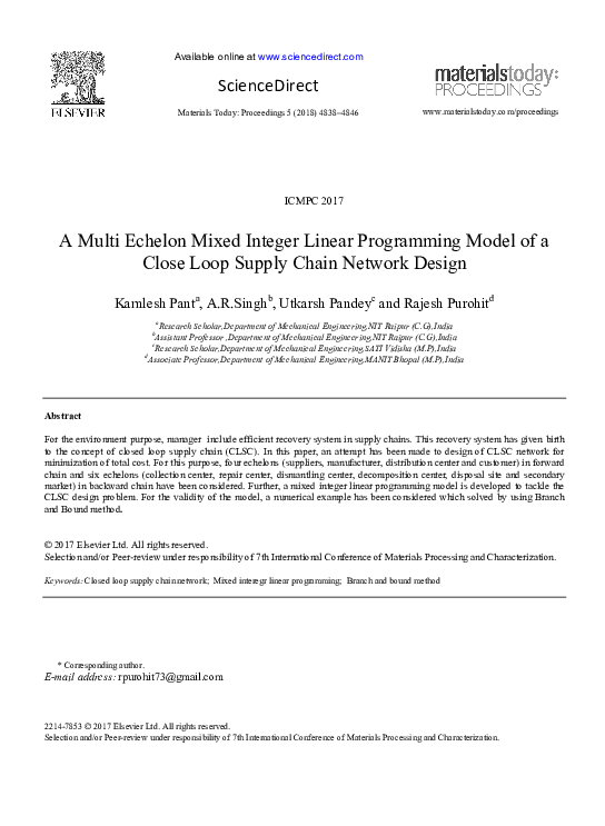 (PDF) A Multi Echelon Mixed Integer Linear Programming Model of a Close Loop Supply Chain ...