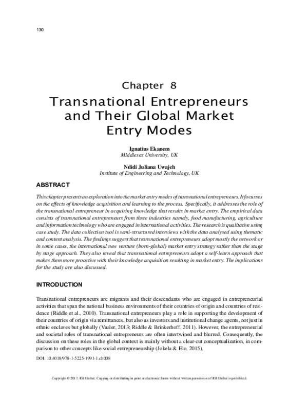 (PDF) Transnational Entrepreneurs and Their Global Market Entry Modes