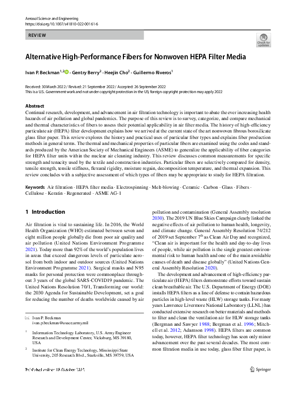 (PDF) Alternative High-Performance Fibers for Nonwoven HEPA Filter Media