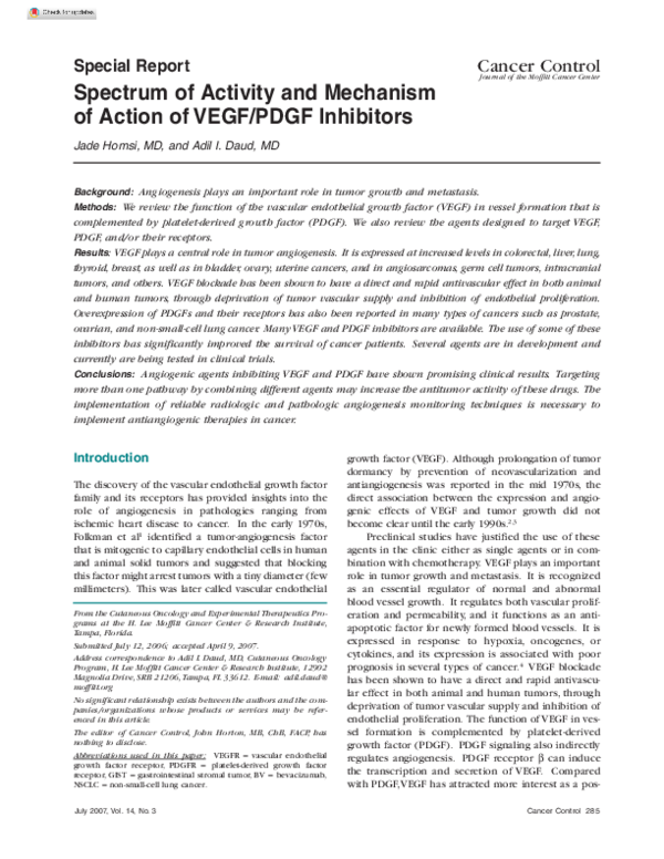(PDF) Spectrum of Activity and Mechanism of Action of VEGF/PDGF Inhibitors