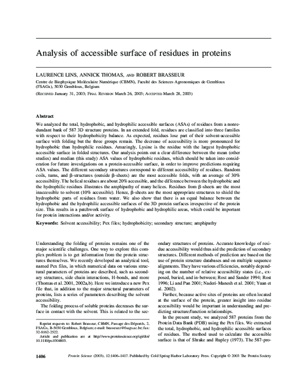 (PDF) Analysis of accessible surface of residues in proteins