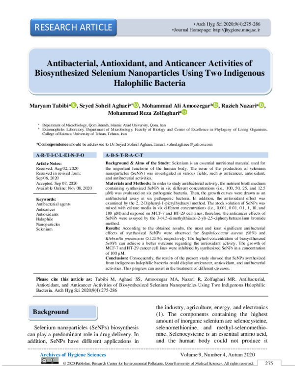 (PDF) Antibacterial, Antioxidant, and Anticancer Activities of Biosynthesized Selenium ...