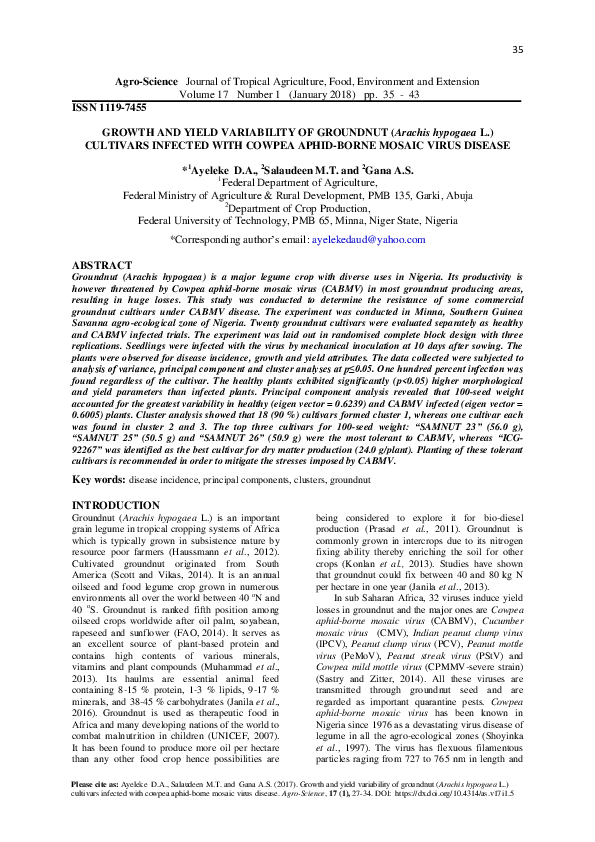 (PDF) Growth and yield variability of groundnut (Arachis hypogaea L.) cultivars infected with ...