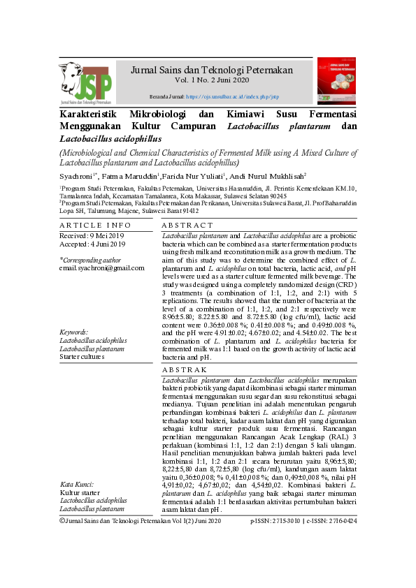 (PDF) Pengaruh Kombinasi Starter Kultur Lactobacillus plantarum dan Lactobacillus acidophillus ...