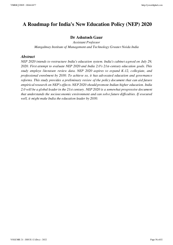 (PDF) A Roadmap for India's New Education Policy (NEP) 2020