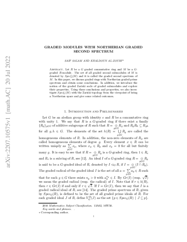 (PDF) Graded modules with Noetherian graded second spectrum