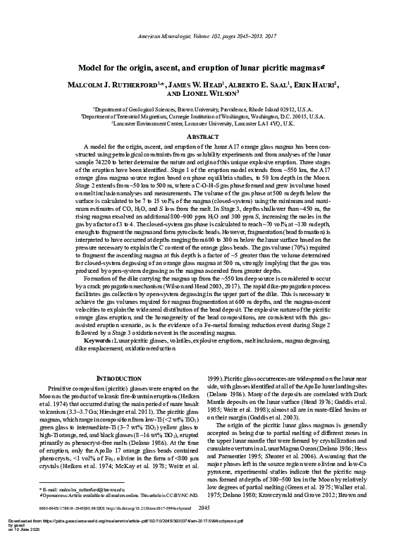 (PDF) Model for the Origin, Ascent, and Eruption of Lunar Picritic Magmas