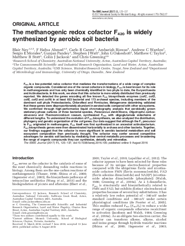 (PDF) The methanogenic redox cofactor F420 is widely synthesized by ...