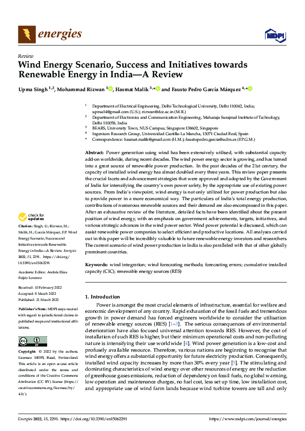 (PDF) Wind Energy Scenario, Success and Initiatives towards Renewable Energy in India—A Review