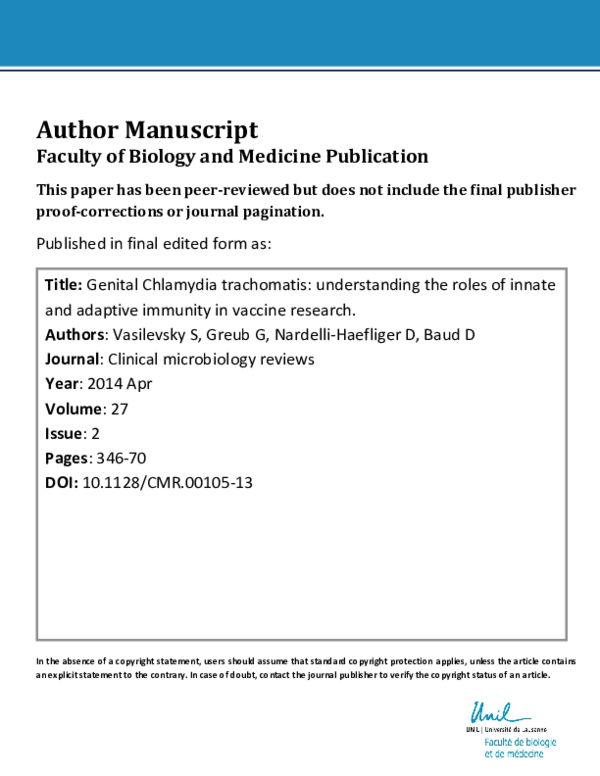 Pdf Genital Chlamydia Trachomatis Understanding The Roles Of Innate
