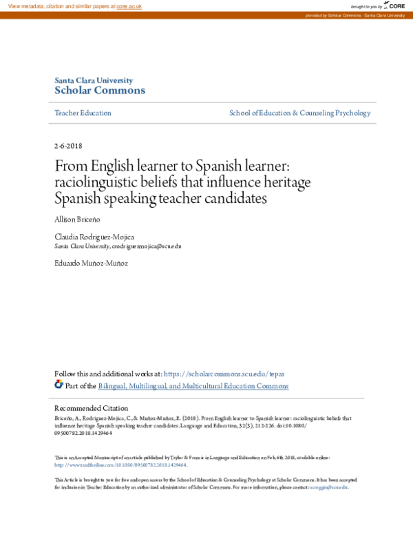 (PDF) From English learner to Spanish learner: raciolinguistic beliefs ...