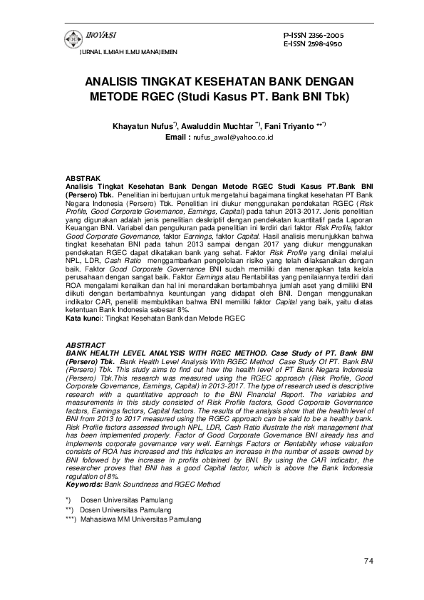 (PDF) ANALISIS TINGKAT KESEHATAN BANK DENGAN METODE RGEC (Studi Kasus PT. Bank BNI Tbk)