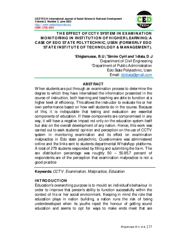 (PDF) THE EFFECT OF CCTV SYSTEM IN EXAMINATION MONITORING IN ...