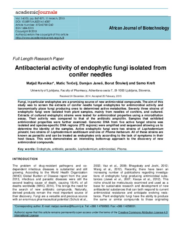 (PDF) Antibacterial activity of endophytic fungi isolated from conifer needles