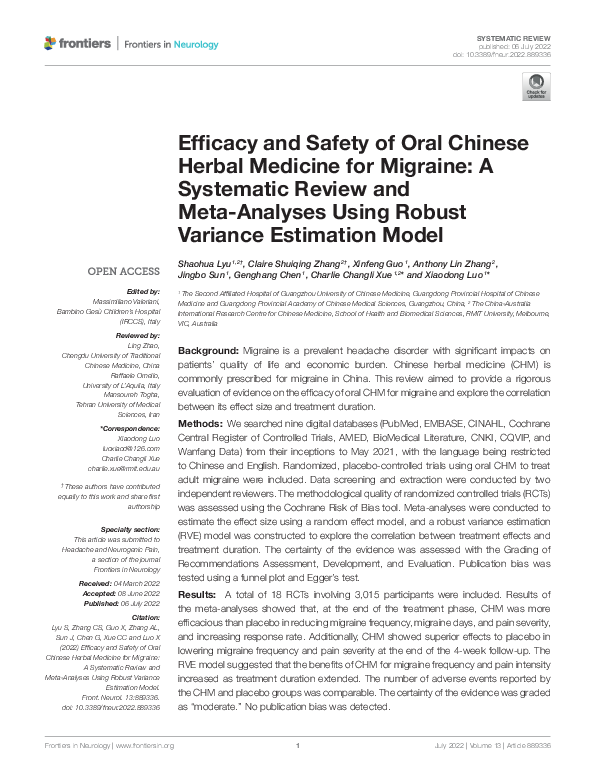 (PDF) Efficacy and Safety of Oral Chinese Herbal Medicine for Migraine ...