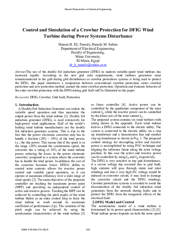 (PDF) Control and Simulation of a Crowbar Protection for DFIG Wind Turbine during Power Systems ...