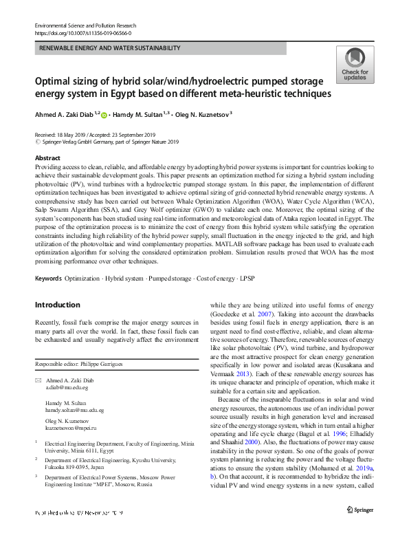 (PDF) Optimal sizing of hybrid solar/wind/hydroelectric pumped storage energy system in Egypt ...