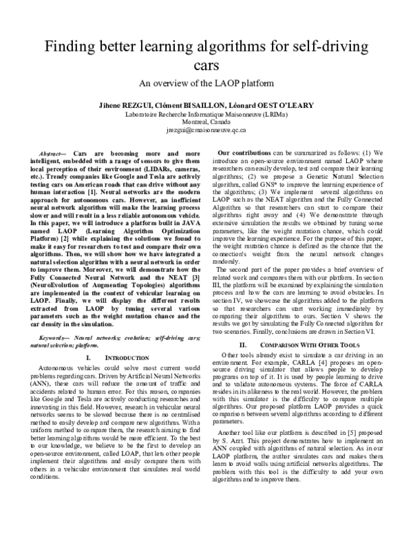 (PDF) Finding better learning algorithms for self-driving cars: An overview of the LAOP platform