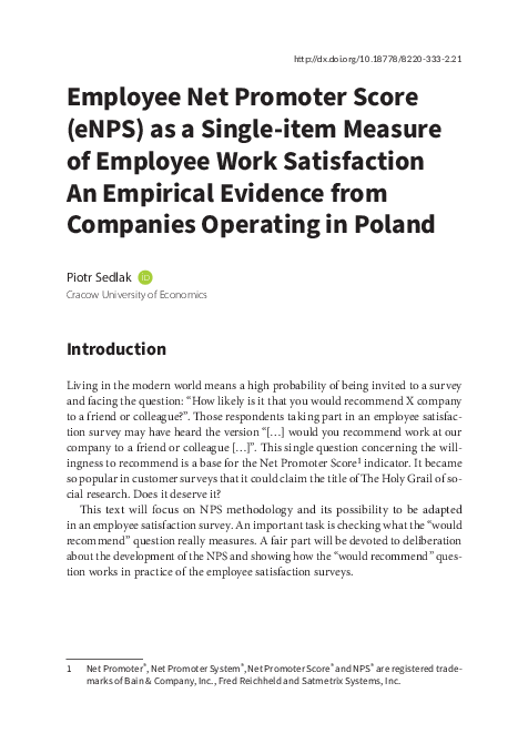 (PDF) Employee Net Promoter Score (eNPS) as a Single-item Measure of ...