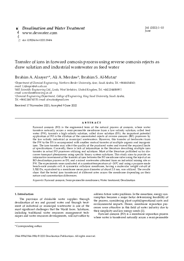 Pdf Transfer Of Ions In Forward Osmosis Process Using Reverse Osmosis