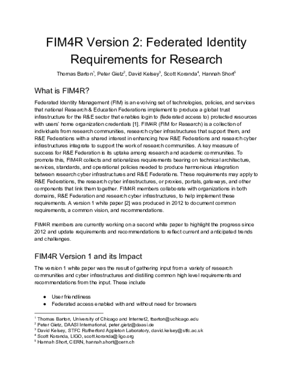 (PDF) FIM 4 R Version 2 : Federated Identity Requirements for Research