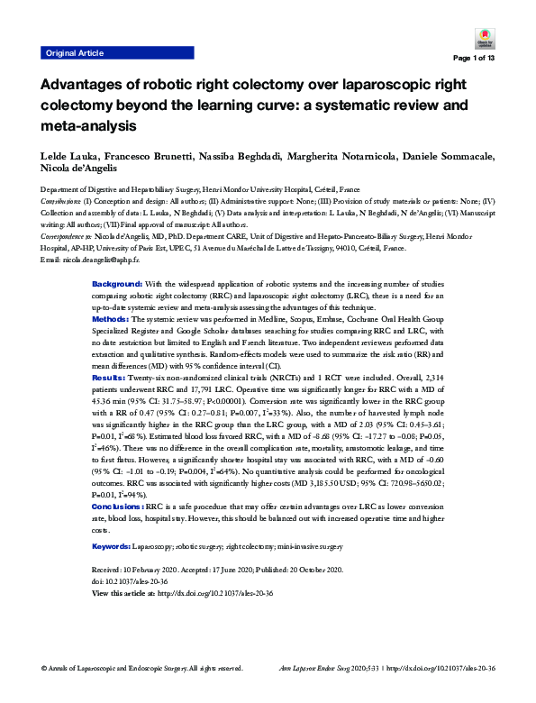 (PDF) Advantages of robotic right colectomy over laparoscopic right colectomy beyond the ...