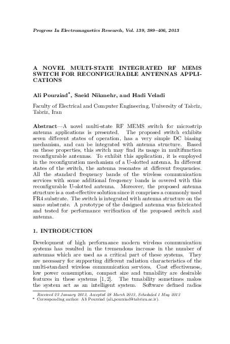 Pdf A Novel Multi State Integrated Rf Mems Switch For Reconfigurable