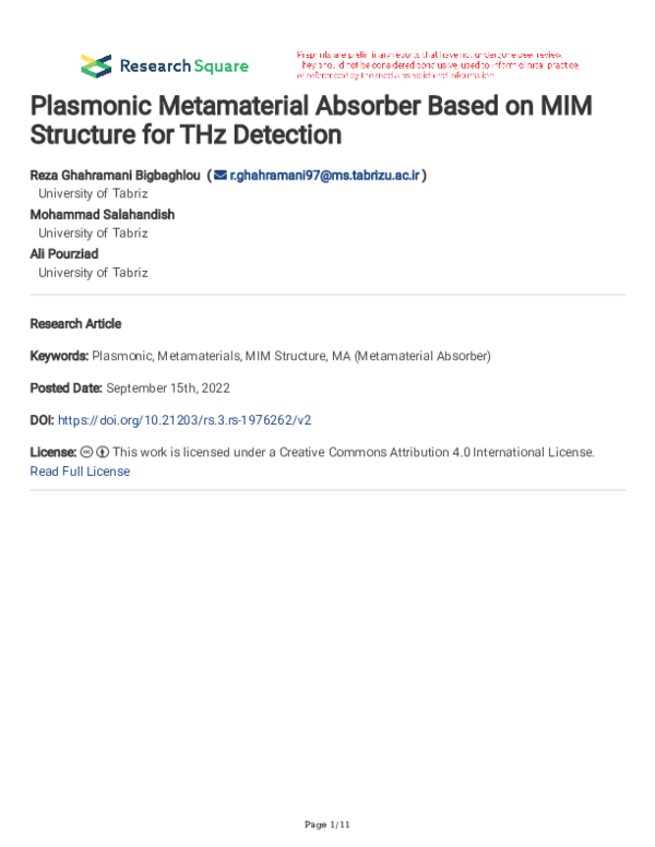 (PDF) Plasmonic Metamaterial Absorber Based on MIM Structure for THz ...