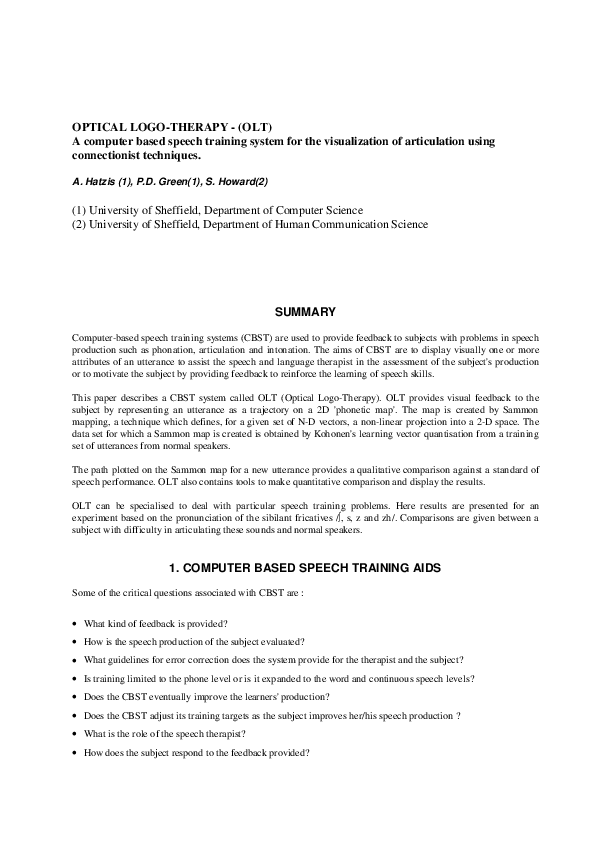 Pdf Optical Logo Therapy Olt A Computer Based Speech Training System For The Visualization