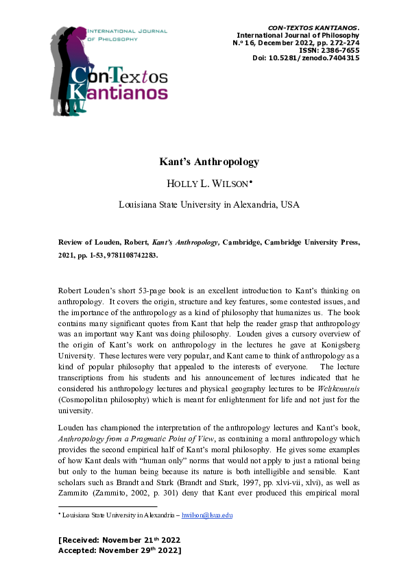(PDF) Review of Kant's Anthropology by Robert Louden