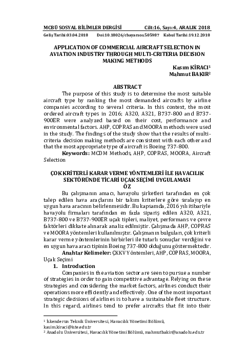(PDF) Application of Commercial Aircraft Selection in Aviation Industry Through Multi-Criteria ...