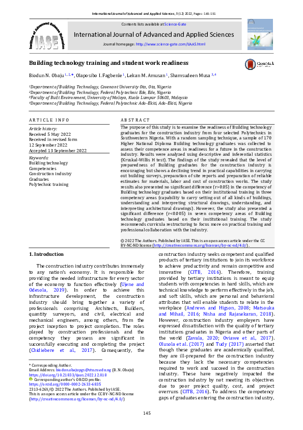 (PDF) Building technology training and student work readiness